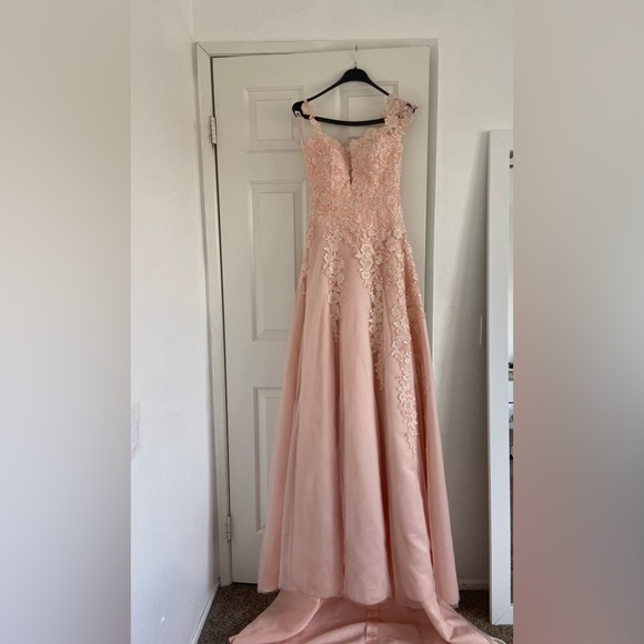 Dresses | Peach Pink Laced Corset And Embedded Pearl Gown | Poshmark